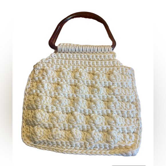 Bags | Vintage Knitted Marble Resin Crochet Ivory Handlebag Purse ...